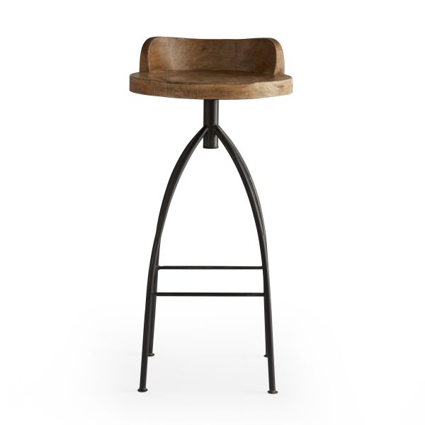 2747 - Hinkley Bar Stool - Natural, Waxed Wood Seat, Natural Iron